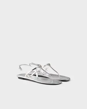 Prada Strappy Thong Flat Sandals With Enamel Triangle Logo - Silver