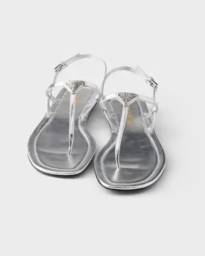 Prada Strappy Thong Flat Sandals With Enamel Triangle Logo - Silver