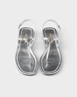 Prada Strappy Thong Flat Sandals With Enamel Triangle Logo - Silver