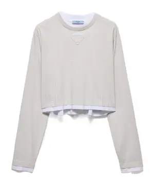 Prada Cropped Long-sleeve Crewneck T-shirt With Logo Detail - No