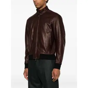 Tagliatore Lambskin Leather Bomber Jacket With High Neck - Brown