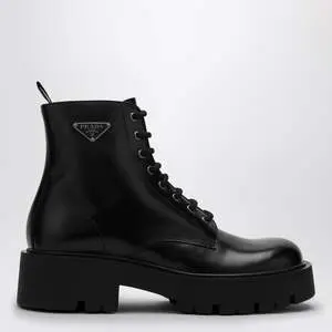 Prada Brushed Leather Lace-up Ankle Boots With Logo Detail