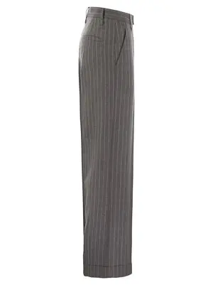 Brunello Cucinelli Virgin Wool Mouliné Pinstripe Loose Flared Trousers With Beadwork - Gray