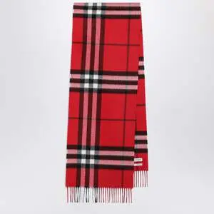 Burberry Check Cashmere Scarf With Fringes In Post - Red