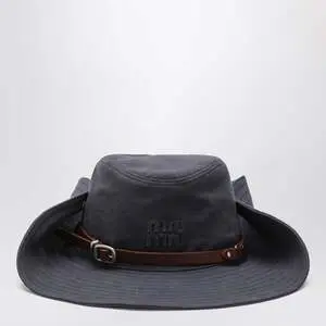 Miu Miu Cotton Drill Cowboy Hat With Leather Strap And Buckle - Gray