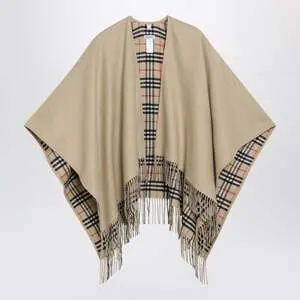 Burberry Reversible Wool Cape With Fringes - Cream