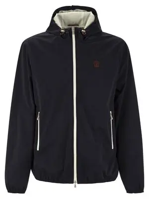 Brunello Cucinelli Membranated Nylon Jacket With Logo And Hood - Blue