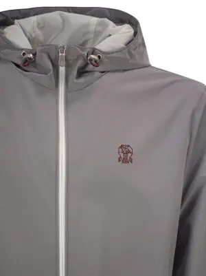 Brunello Cucinelli Membranated Nylon Jacket With Logo And Hood - Gray