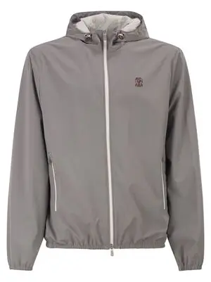 Brunello Cucinelli Membranated Nylon Jacket With Logo And Hood - Gray