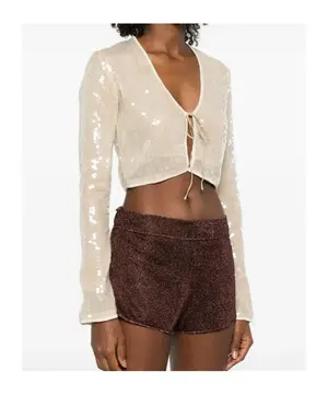 Oseree Sequined V-neck Top With Front Tie Closure