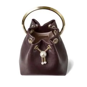 JIMMY CHOO Bordeaux Calf Leather Bucket Bag With Pearl Embellishments