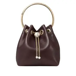 JIMMY CHOO Bordeaux Calf Leather Bucket Bag With Pearl Embellishments