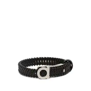 FERRAGAMO Braided Leather Gancini Clasp Bracelet - Black