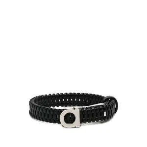FERRAGAMO Gancini Plaque Braided Leather Bracelet - Black