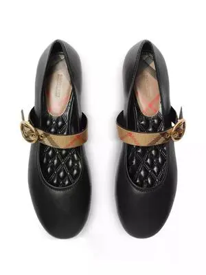 Burberry Check Strap Leather Ballerinas - Black