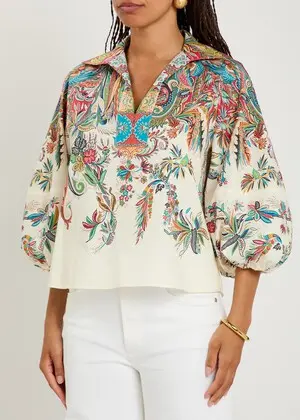 Etro Printed Balloon-sleeve Cotton-poplin Top - Multicoloured