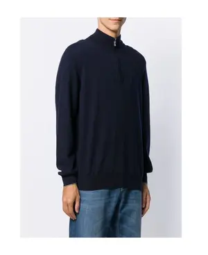 Brunello Cucinelli Half-zip Ribbed Knit Polo Shirt - Navy Blue