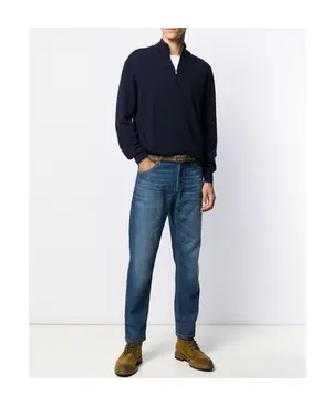 Brunello Cucinelli Half-zip Ribbed Knit Polo Shirt - Navy Blue
