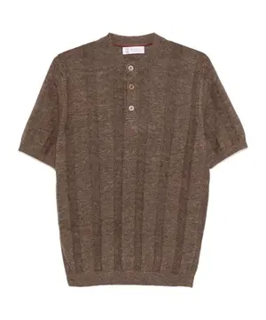 Brunello Cucinelli Ribbed Short Sleeve Sweater With Three-button Placket