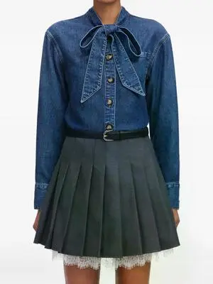 SELF-PORTRAIT Denim Texture Pussy-bow Shirt