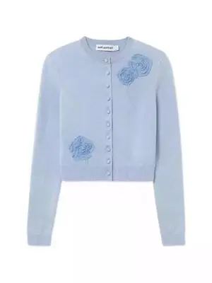 SELF-PORTRAIT Floral Appliqué Knit Cardigan - Blue