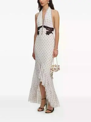 SELF-PORTRAIT Lace-trimmed Polka-dot Halterneck Dress
