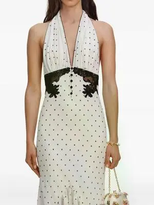 SELF-PORTRAIT Lace-trimmed Polka-dot Halterneck Dress