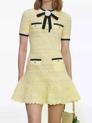 SELF-PORTRAIT Pointelle Knit Mini Dress With Bow Detail