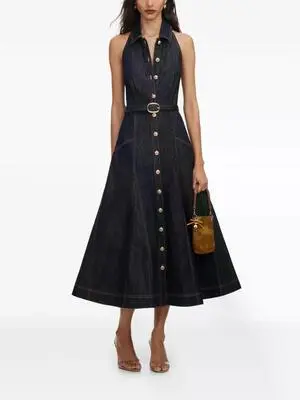 SELF-PORTRAIT Denim Midi Dress With Belt