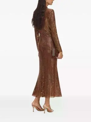 SELF-PORTRAIT Rhinestone Embellished High Neck Midi Dress - Brown