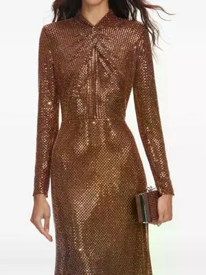 SELF-PORTRAIT Rhinestone Embellished High Neck Midi Dress - Brown