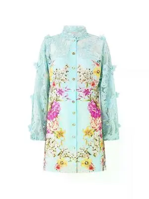 Camilla Lace Sleeve Floral Dress - Blue