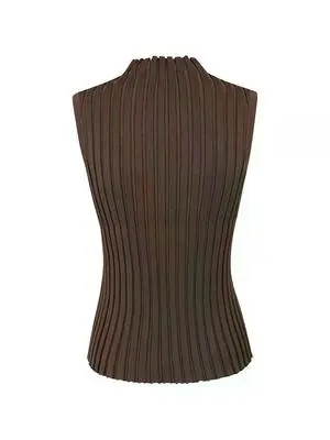 Max Mara Ribbed Knit Mock Neck Sleeveless Top - Brown