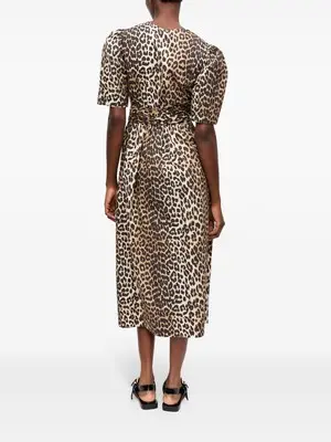 GANNI Leopard Print Puff Sleeve Midi Dress - Multi