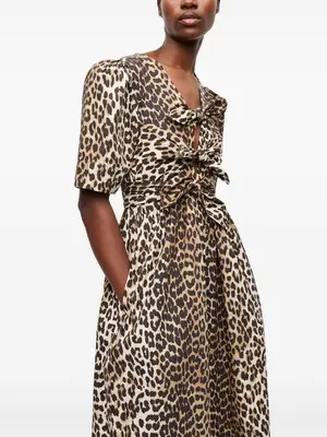 GANNI Leopard Print Puff Sleeve Midi Dress - Multi