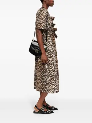 GANNI Leopard Print Puff Sleeve Midi Dress - Multi