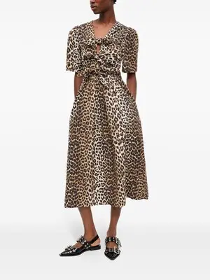 GANNI Leopard Print Puff Sleeve Midi Dress - Multi