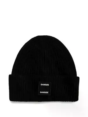 SAMSOE SAMSOE Logo Patch Ribbed Knit Beanie - Black