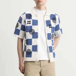 WAX LONDON Porto Square Crochet Shirt - Ecru/blue