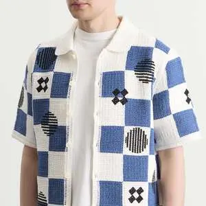 WAX LONDON Porto Square Crochet Shirt - Ecru/blue