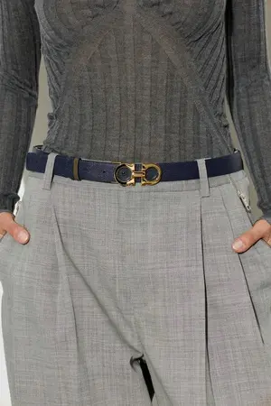 FERRAGAMO Reversible Textured Leather Belt With Gold Tone Buckle - Multicolour