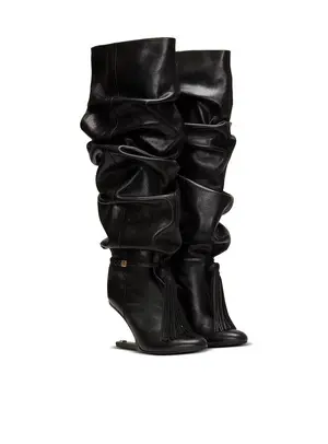 Balmain Textured Leather Thigh-high Boots With Wedge Heel And Tassel Detail