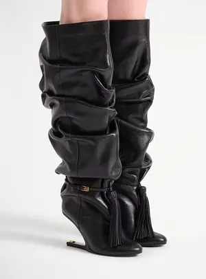 Balmain Textured Leather Thigh-high Boots With Wedge Heel And Tassel Detail