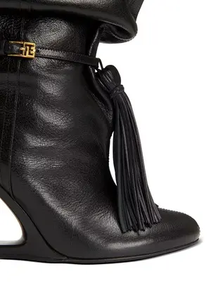 Balmain Textured Leather Thigh-high Boots With Wedge Heel And Tassel Detail