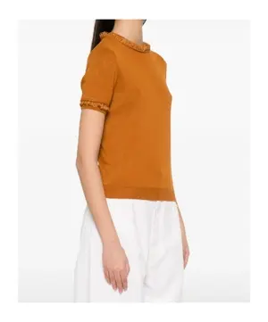 SHUSHU/TONG Lace-trimmed Short-sleeve Fine Knit Sweater