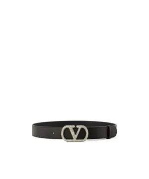 Valentino Garavani Vlogo Crystal Buckle Leather Belt - Black