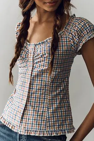 PILCRO Cap Sleeve Waisted Blouse - Multi Plaid