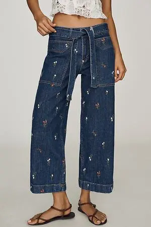 PILCRO Embroidered Wide-leg Cropped Jeans