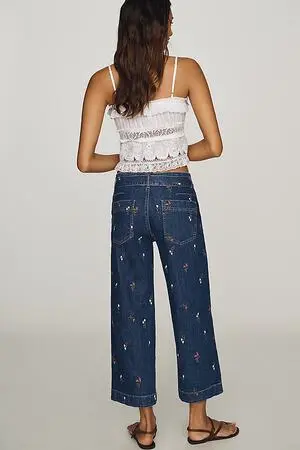 PILCRO Embroidered Wide-leg Cropped Jeans