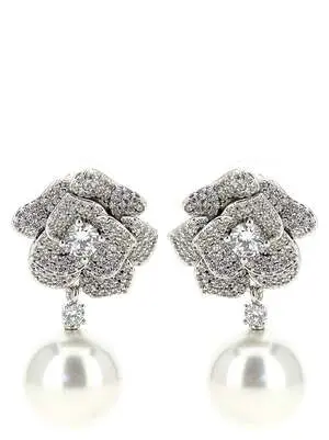 SELF-PORTRAIT Crystal Flower Pearl Drop Earrings - Silver